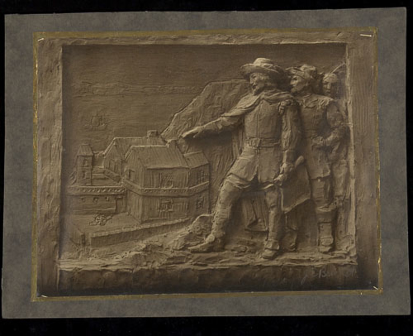 Champlain construisant l'Habitation. Étude préliminaire en terre pour ...